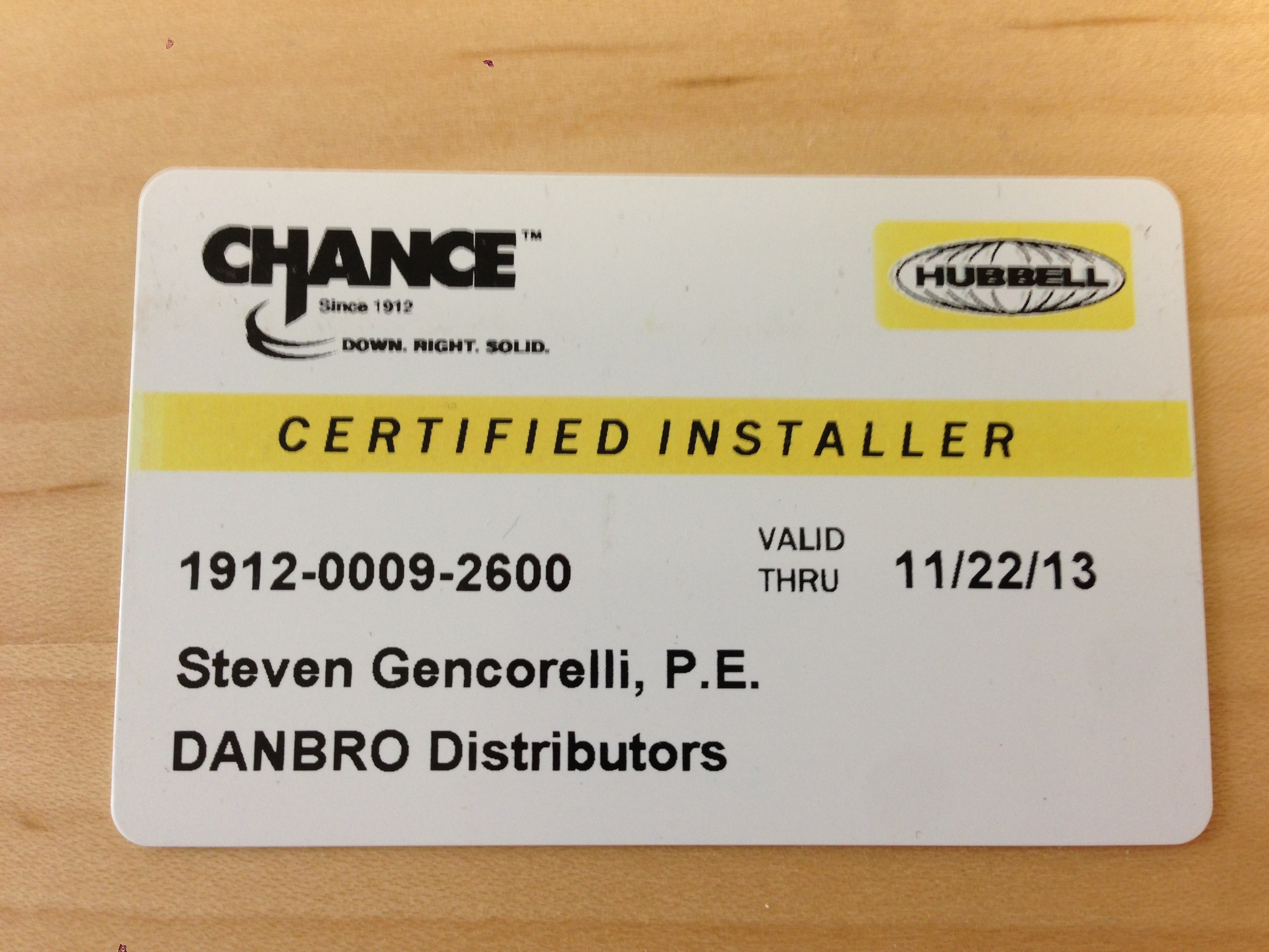 Chance Certified Installer Card | Danbro Distributors
